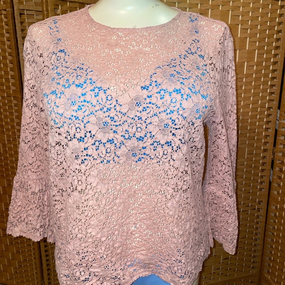 Zara | Tops | Zara Lace Pink Blouse 34 Bell Sleeves | Poshmark